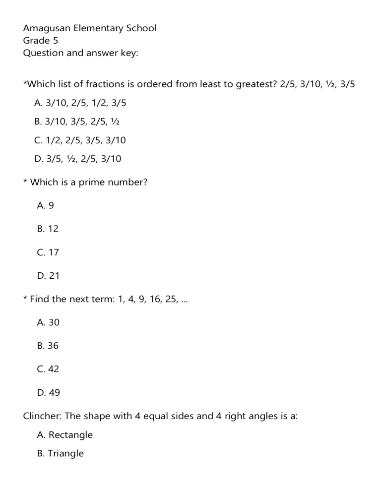 Grade 5 & 6 Math Quiz Questions & Answer Key - Amagusan Elementary