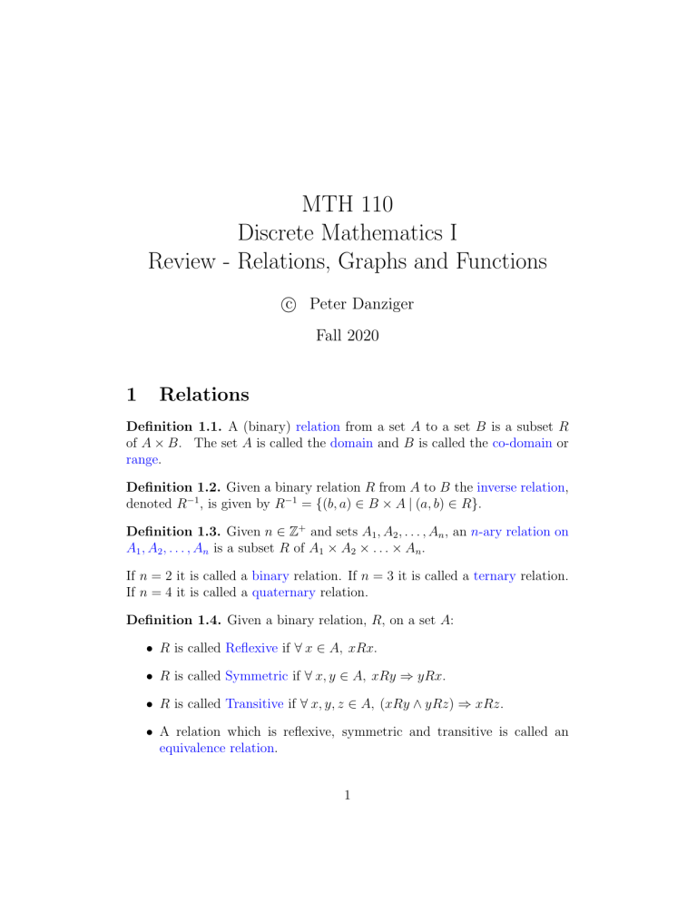 Discrete Mathematics I Review: Relations, Graphs, and Functions