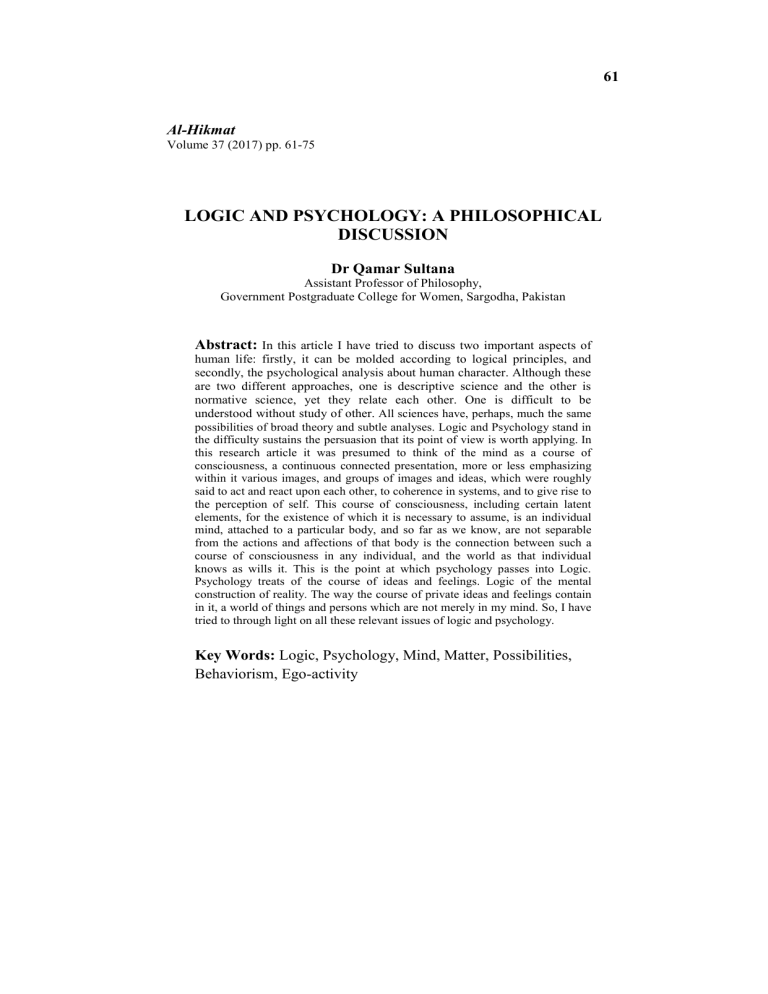 Logic & Psychology: A Philosophical Discussion on Mind & Reality