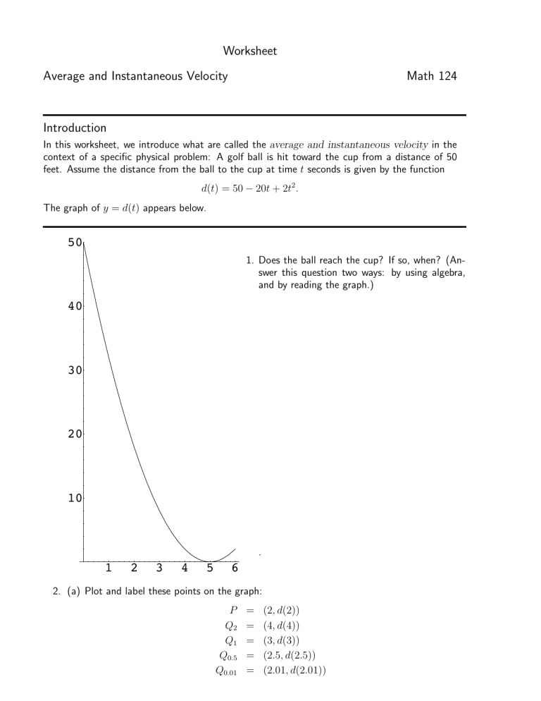 Calculus Worksheet: Average & Instantaneous Velocity, Limits, Derivatives