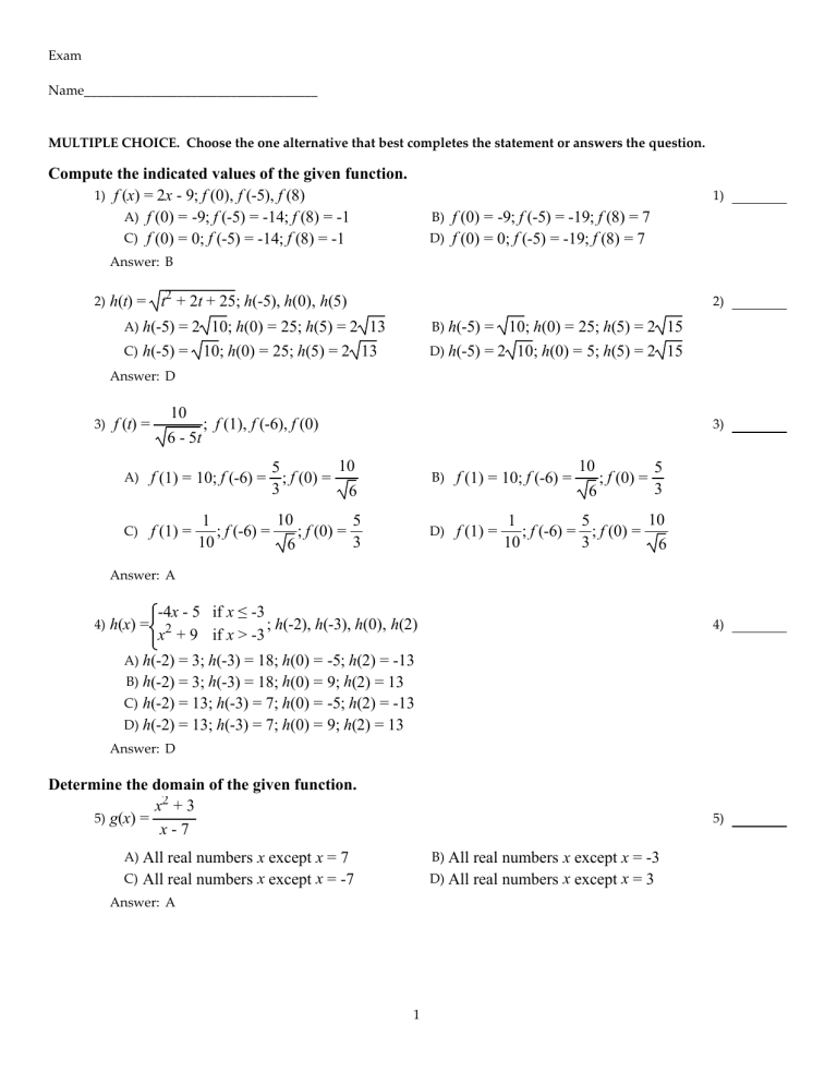 Functions and Applications Math Exam - Pre-Calculus/Calculus Practice