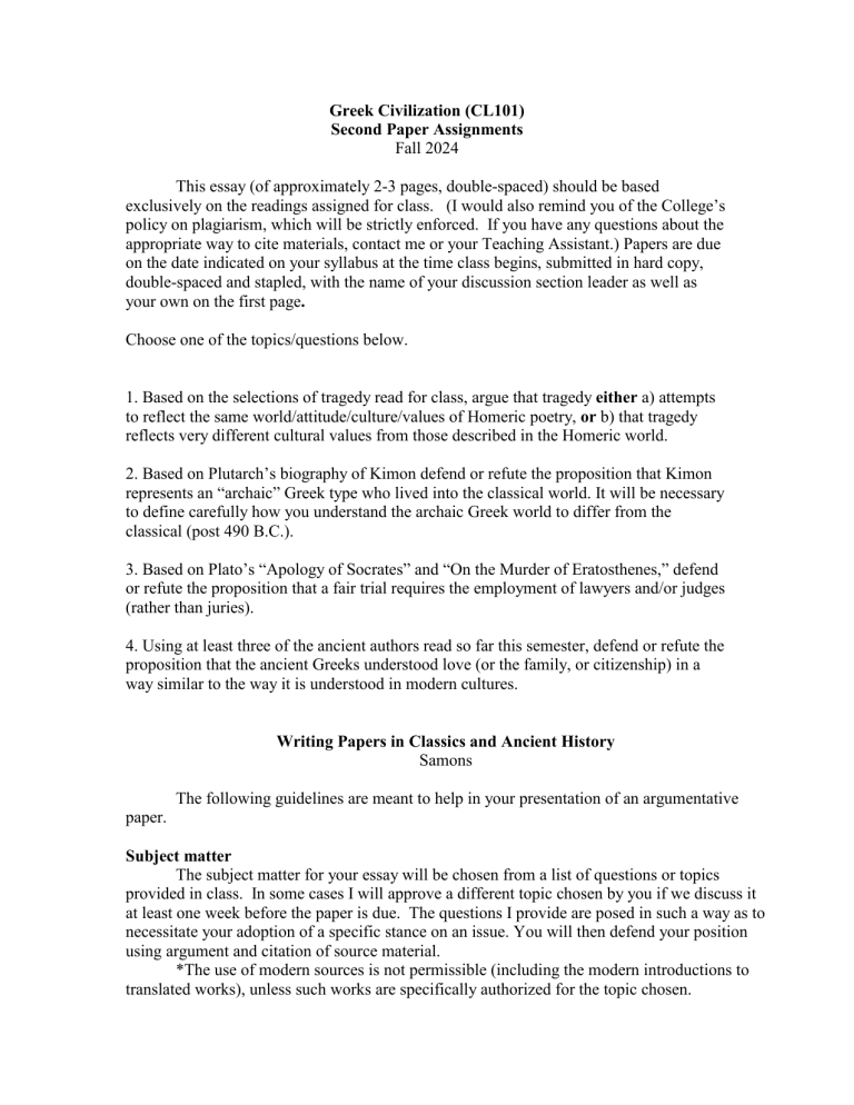Greek Civilization CL101: Second Paper Assignments & Writing Guide