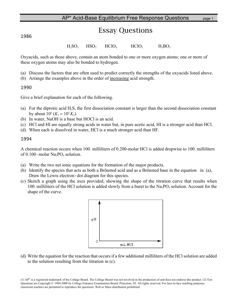 AP Chemistry Acid-Base Equilibrium Free Response Questions