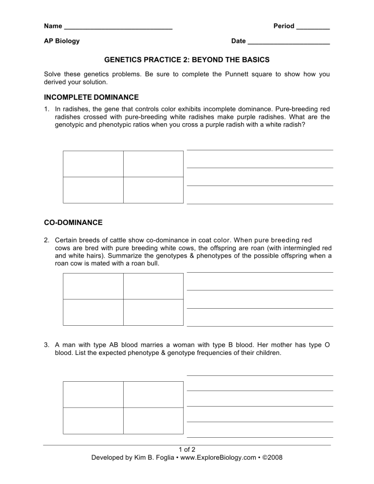 AP Biology Genetics Practice: Incomplete, Co-dominance, Sex-Linked