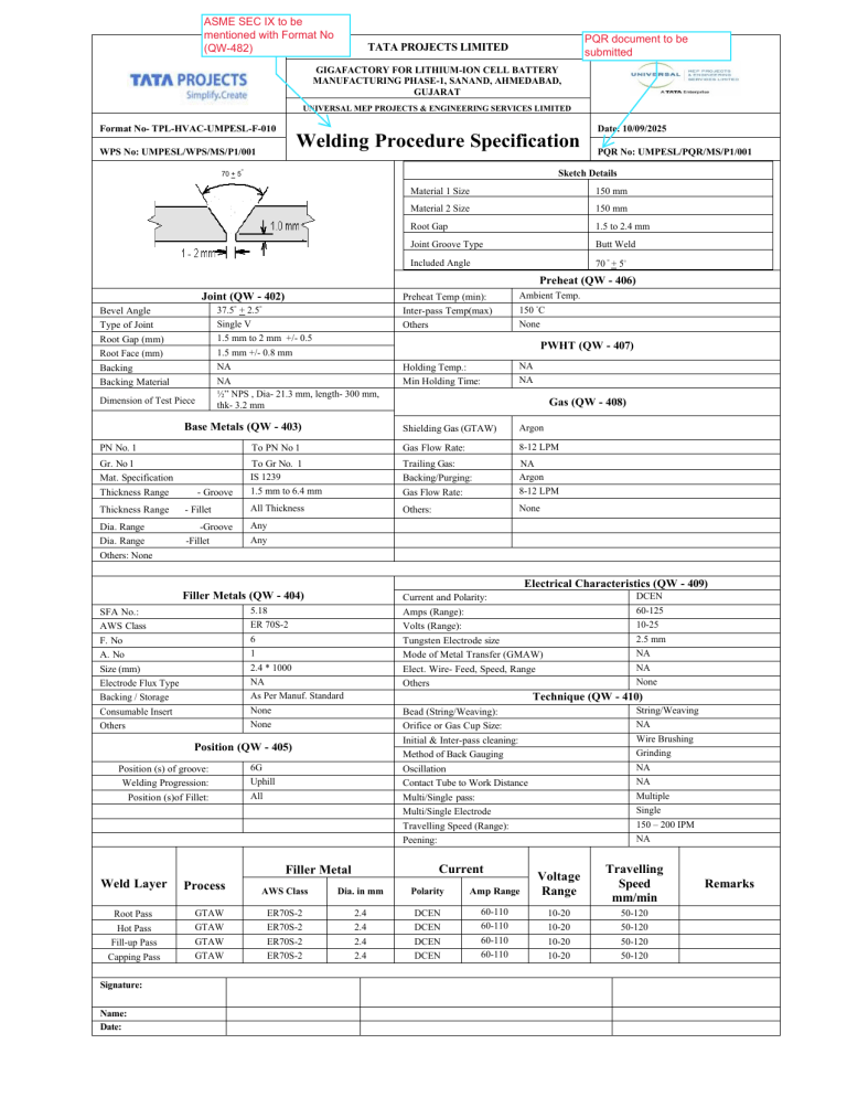 Welding Procedure Specification (WPS) - ASME SEC IX