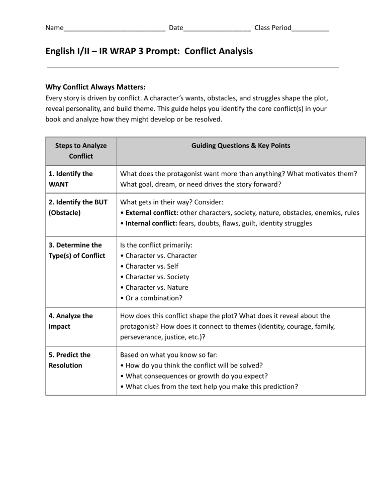 English I/II Conflict Analysis Writing Prompt & Guide | Literature