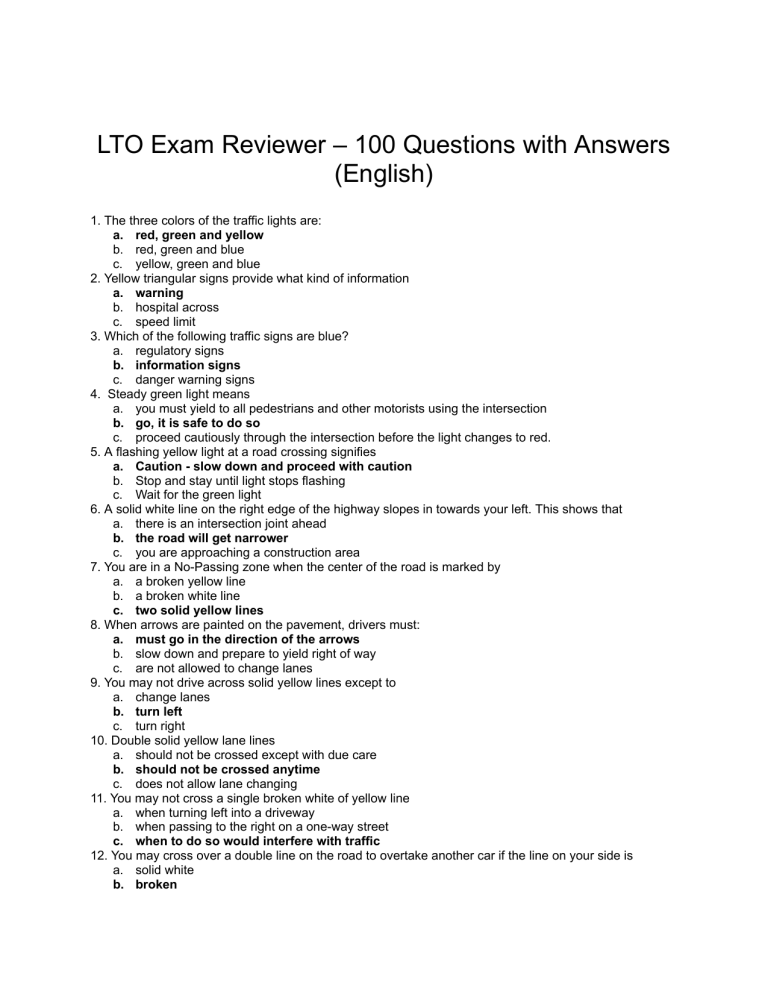 LTO Exam Reviewer: 100 Driving Test Questions & Answers (English)