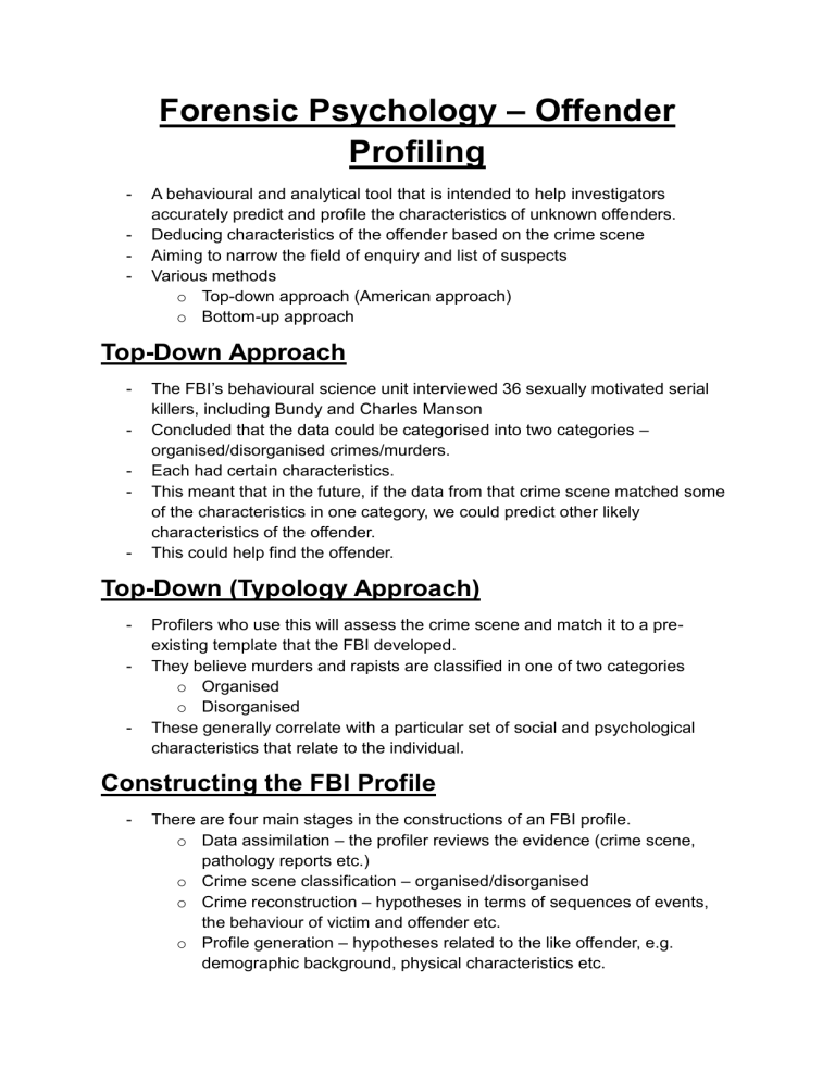 Forensic Psychology: Offender Profiling - Top-Down Approach