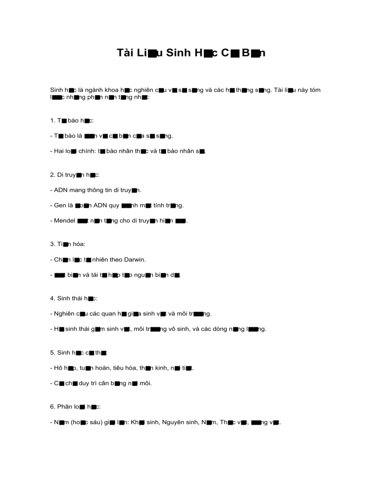 Basic Biology Document: Cells, Genetics, Evolution, Ecology