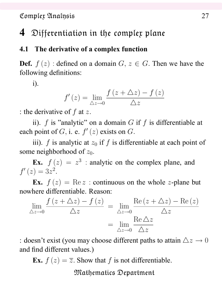 Complex Analysis: Differentiation in the Complex Plane