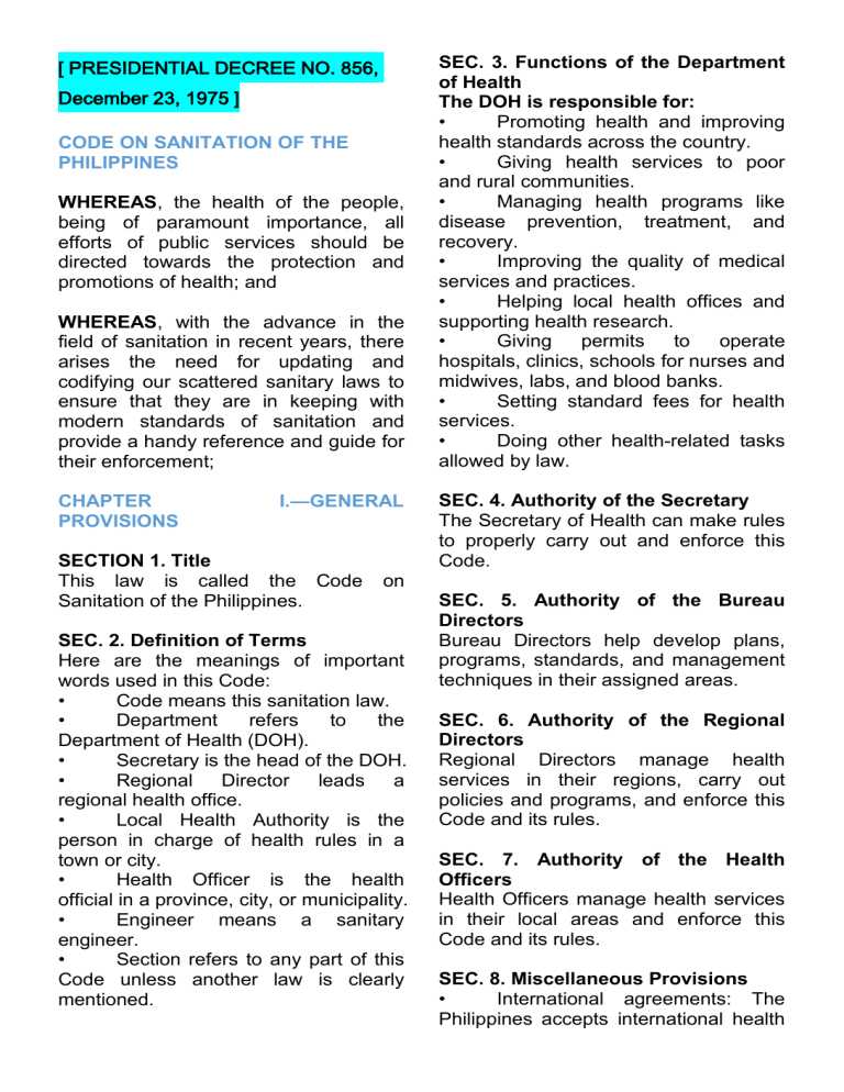 Code on Sanitation of the Philippines (PD 856) - Public Health Law