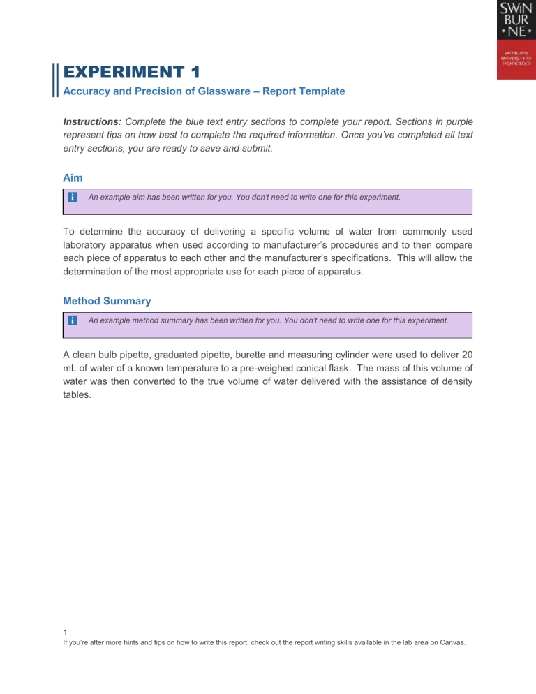 Glassware Accuracy & Precision Lab Report Template