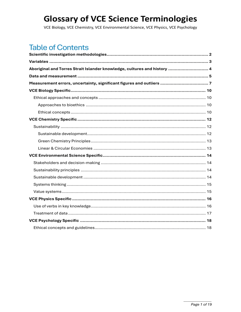 VCE Science Terminologies Glossary: Biology, Chemistry, Physics, Psychology