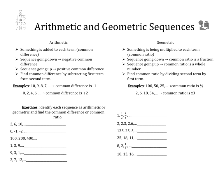 Arithmetic & Geometric Sequences Worksheet | Math Study Guide