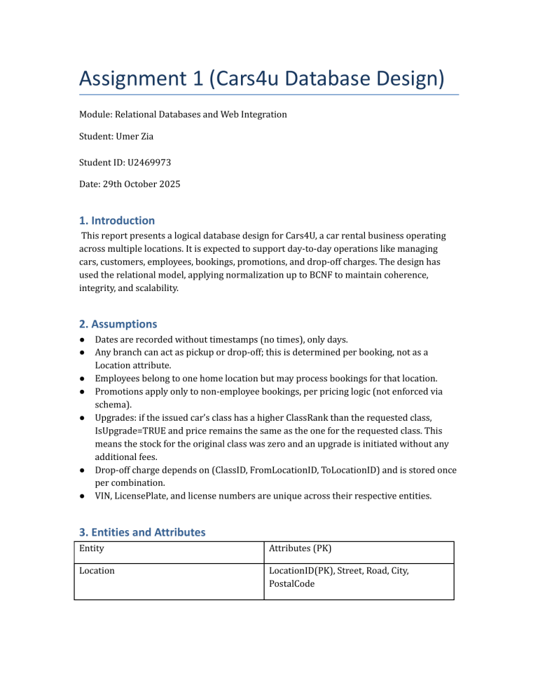 Cars4U Database Design: Relational Model, BCNF Normalization & SQL Schema