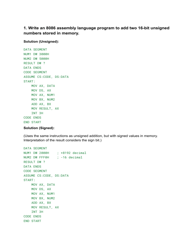 8086 Assembly Language Programs: Addition, Subtraction, Multiplication ...