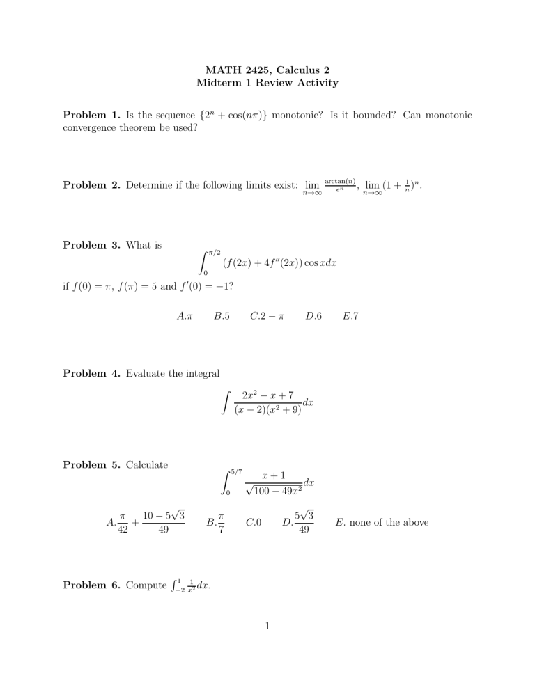 Calculus 2 Midterm 1 Review Problems