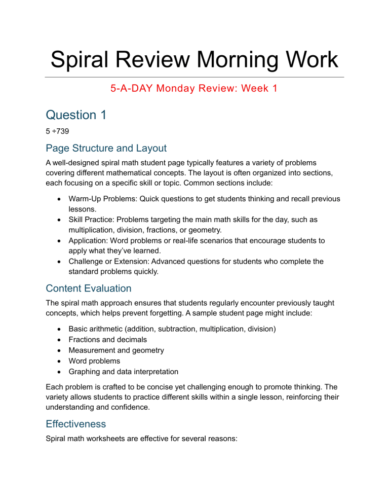 Spiral Review Math Worksheet: 5-A-DAY Monday Review