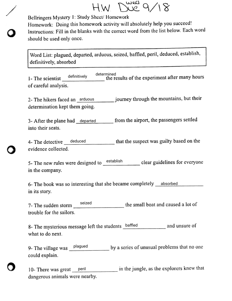 English Vocabulary Homework Worksheet: Bellringers Mystery 1