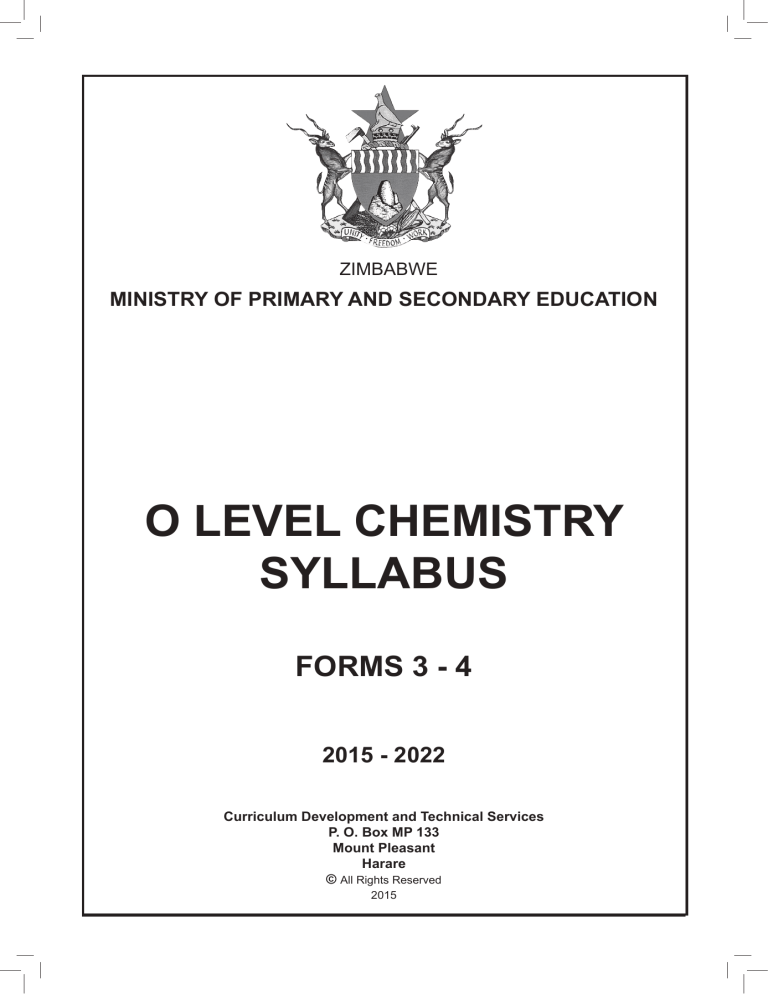 Zimbabwe O Level Chemistry Syllabus Forms 3-4 (2015-2022)