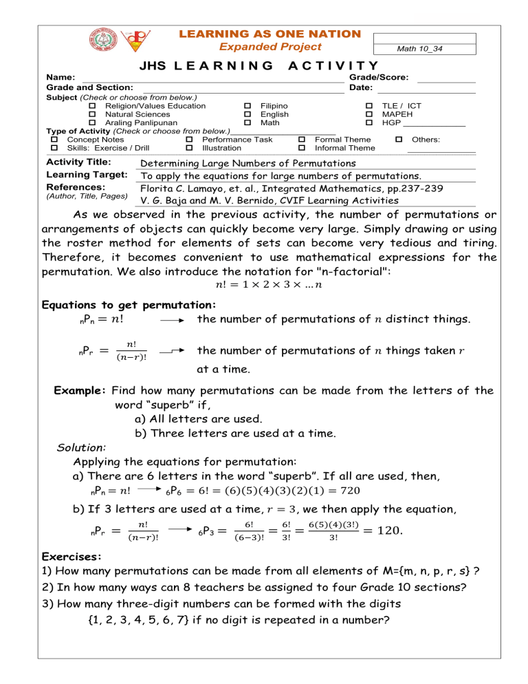 Math 10 LAS 34 Determining Large Numbers of Permutation