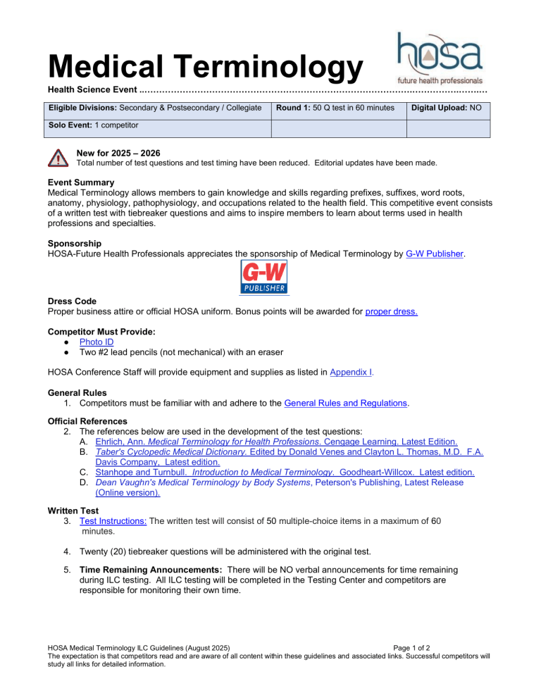 HOSA Medical Terminology ILC Guidelines 2025-2026: Event Rules & Test Plan