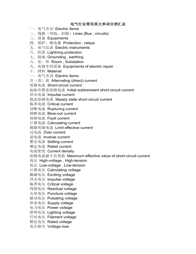 Electrical Engineering English Vocabulary: Categorized Glossary