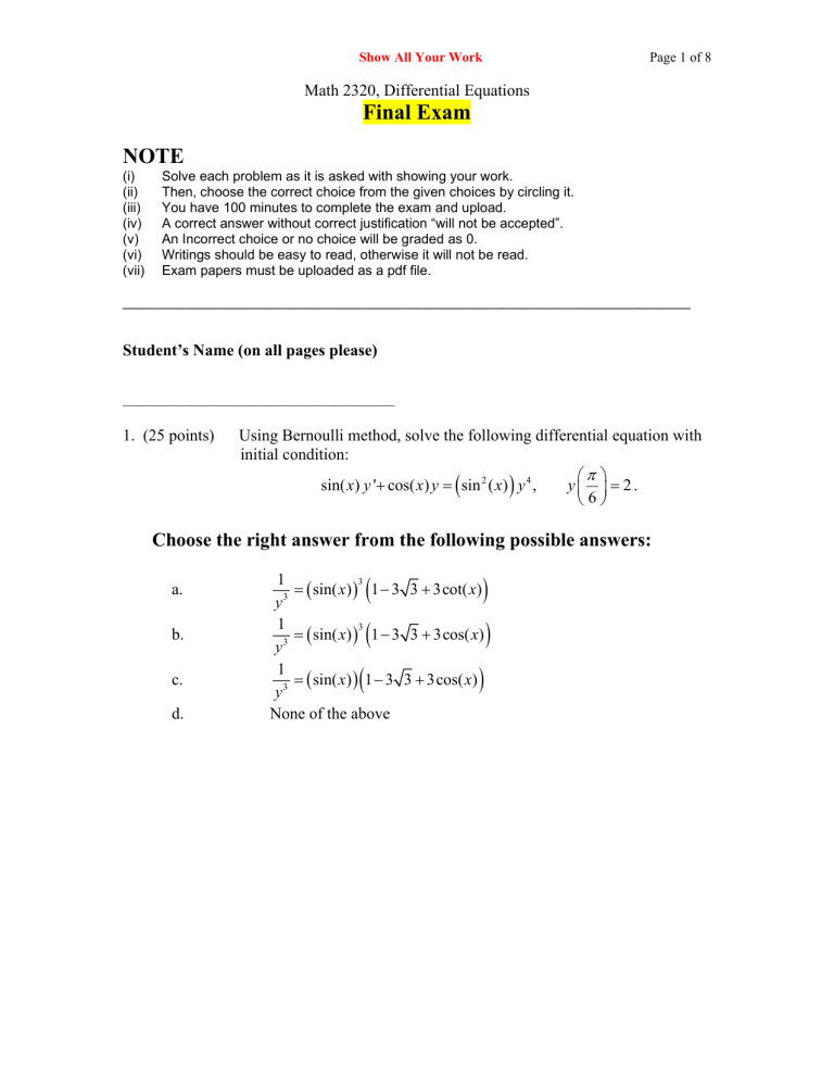 Math 2320 Differential Equations Final Exam - Solution Methods