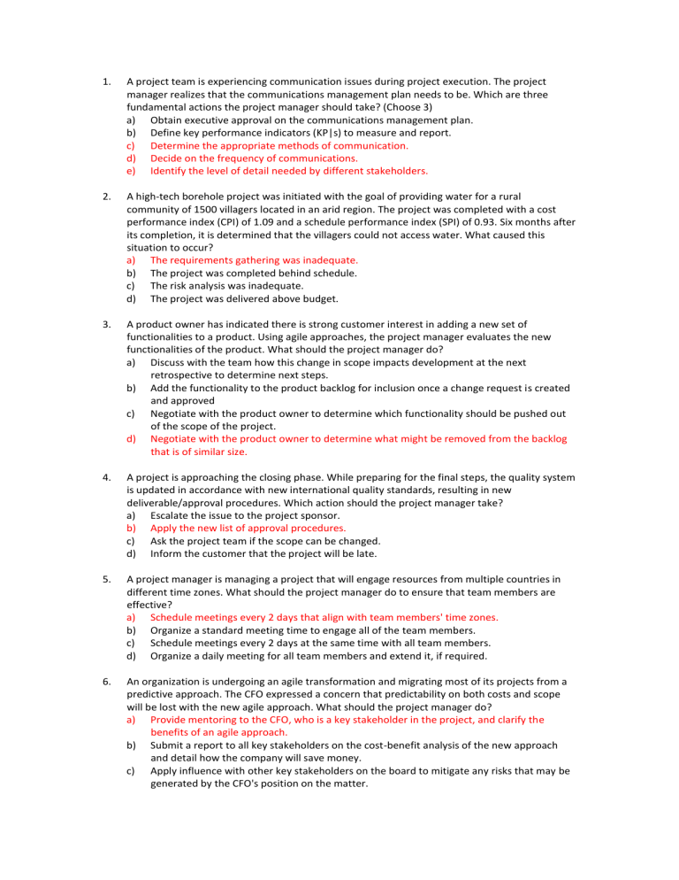 Project Management Practice Questions: Agile, Predictive, Communications