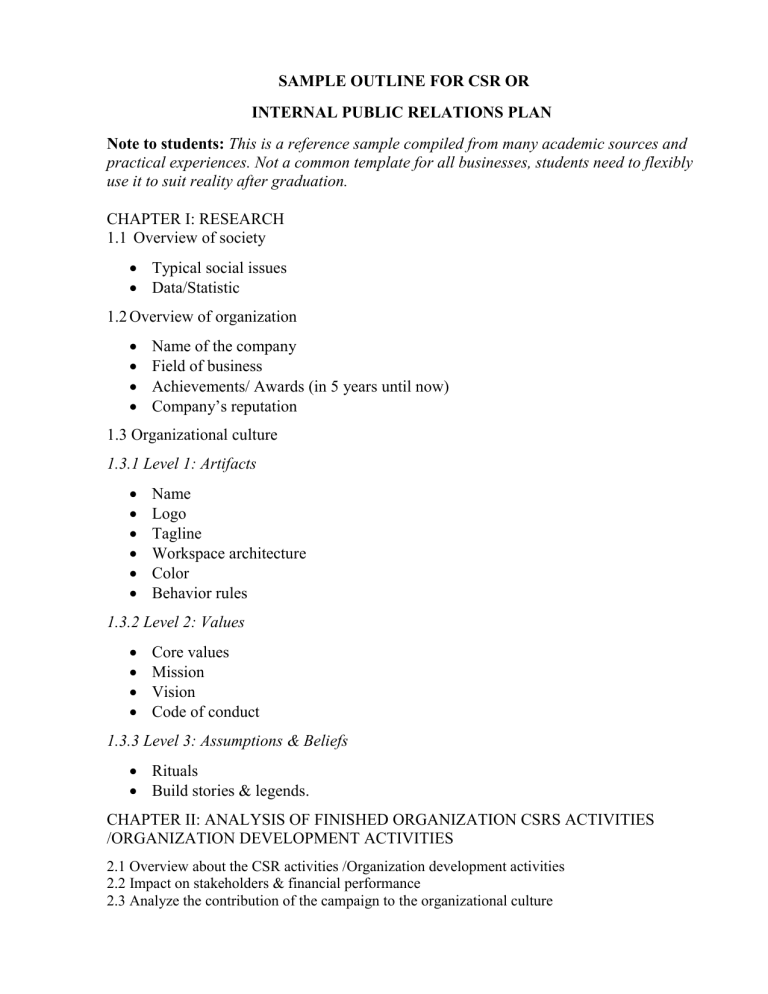 CSR & Internal PR Plan Outline: Research, Analysis, Implementation