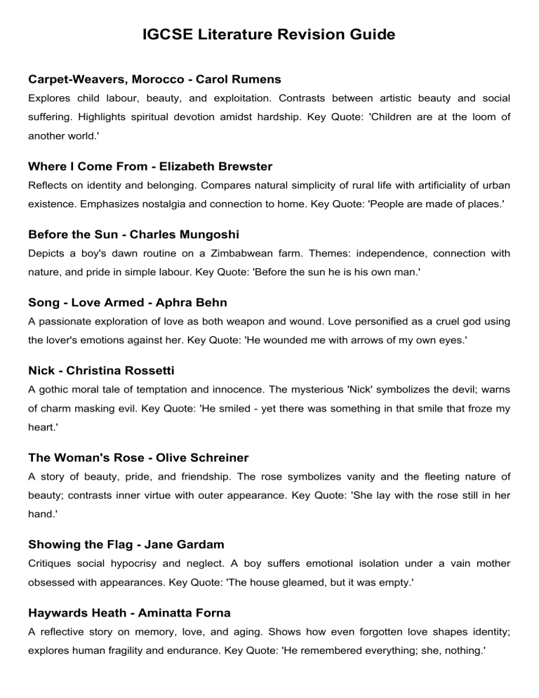 IGCSE Literature Revision Guide: Poems & Stories Summaries