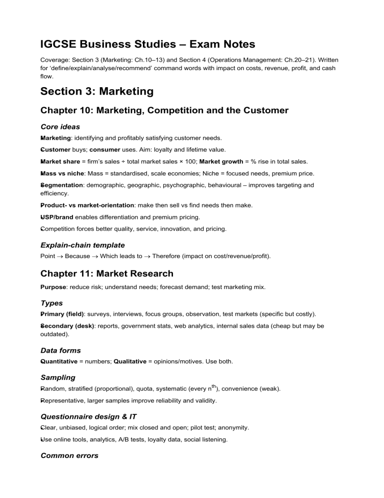 IGCSE Business Studies Exam Notes: Marketing & Operations