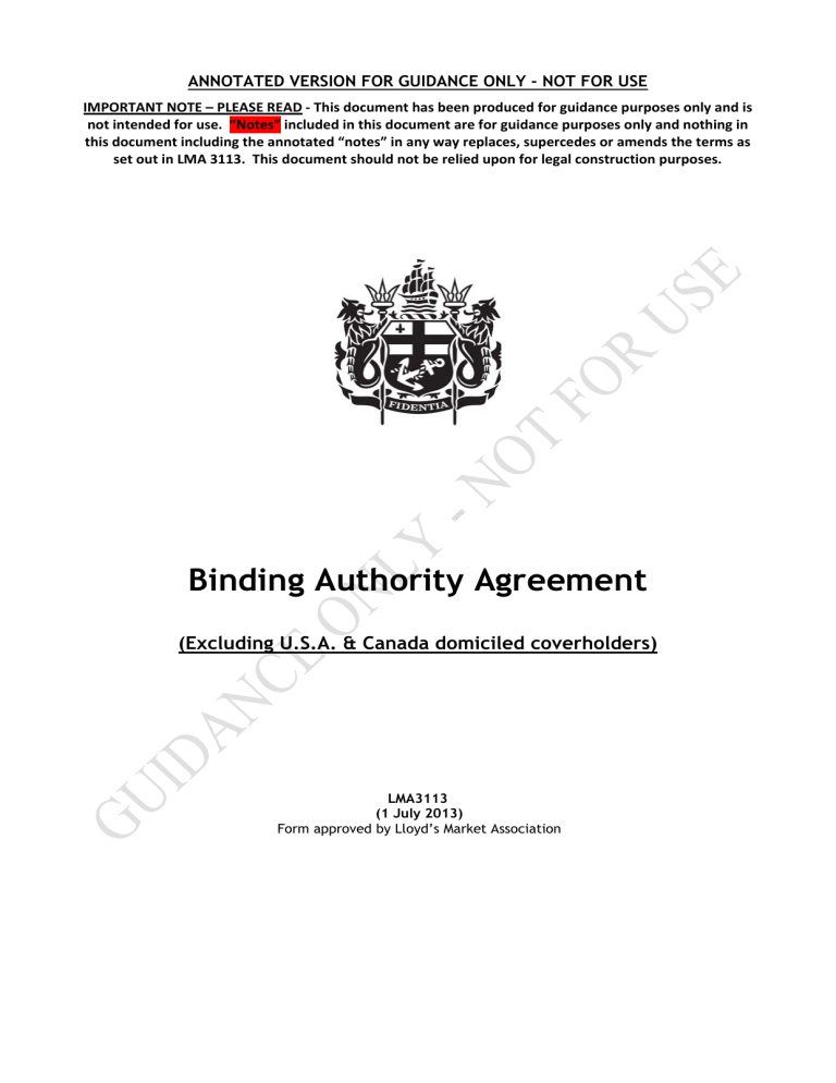 LMA3113 Binding Authority Agreement: Guidance for Coverholders (2013)