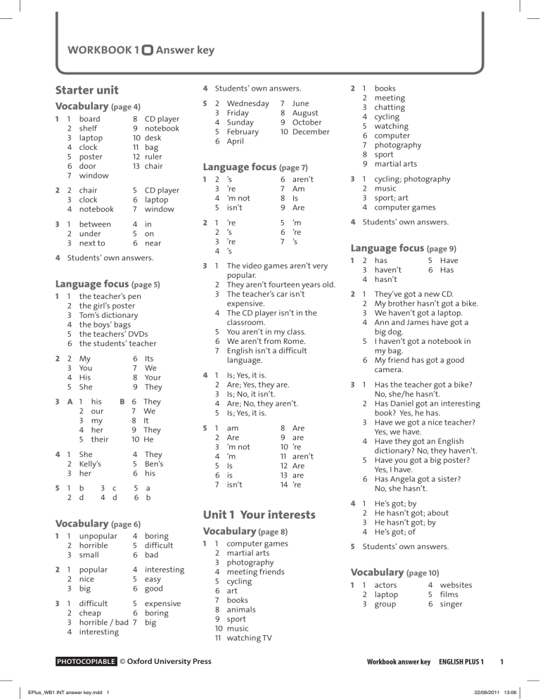 English Plus 1 Workbook Answer Key - Starter & Unit 1
