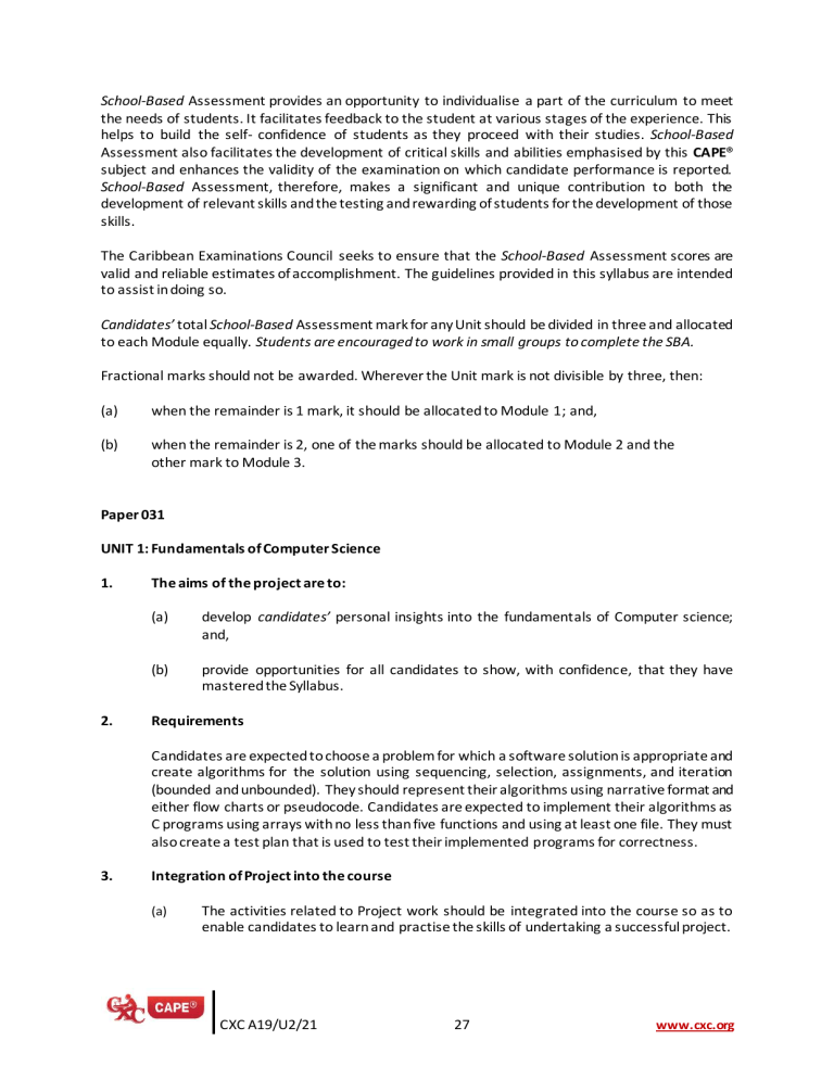 CAPE Computer Science SBA Guidelines: Unit 1 & 2 Project Assessment