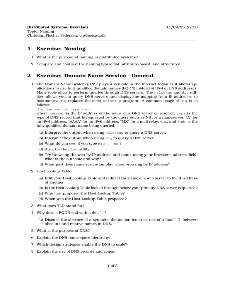 Distributed Systems: Naming & DNS Exercises with Solutions