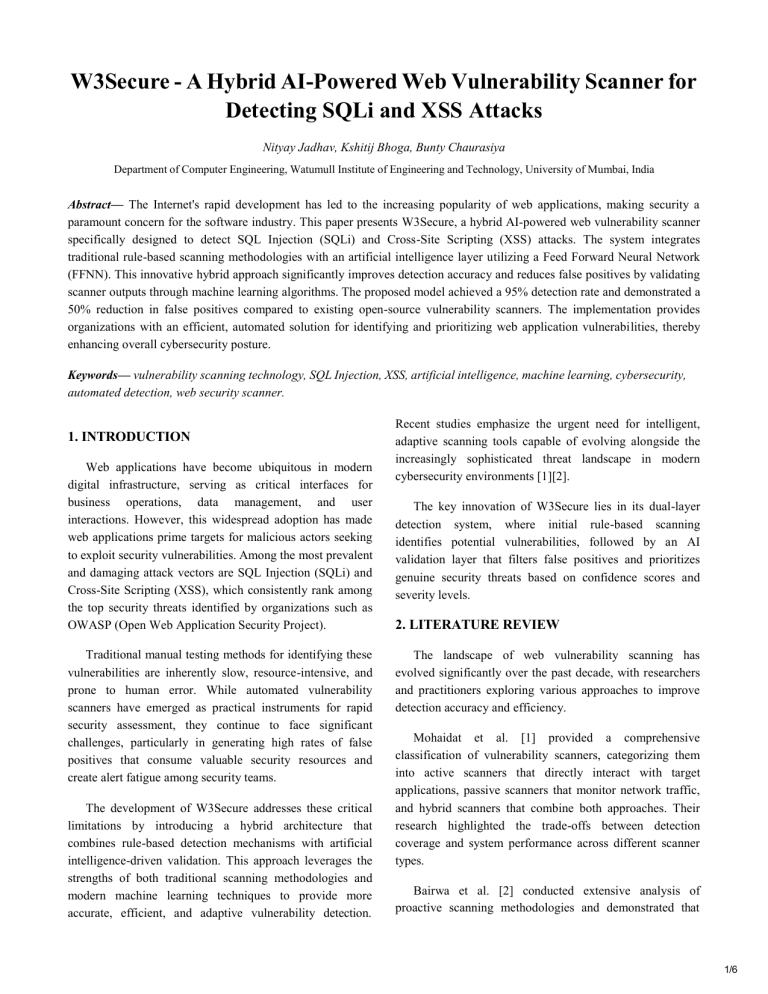 W3Secure: AI-Powered Web Vulnerability Scanner for SQLi & XSS