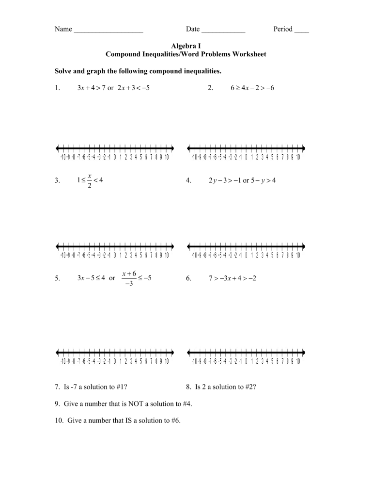 Algebra I: Compound Inequalities & Word Problems Worksheet