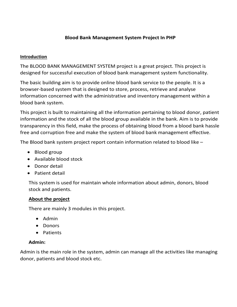 Blood Bank Management System Project Report in PHP