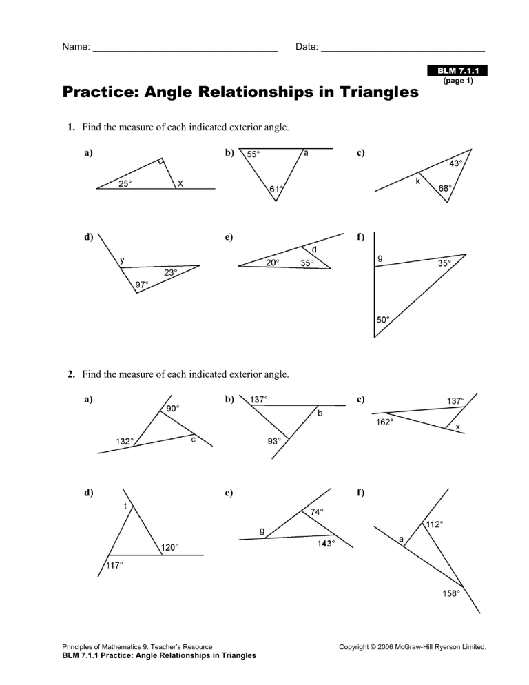 Angle Relationships in Triangles Practice Worksheet - Math 9