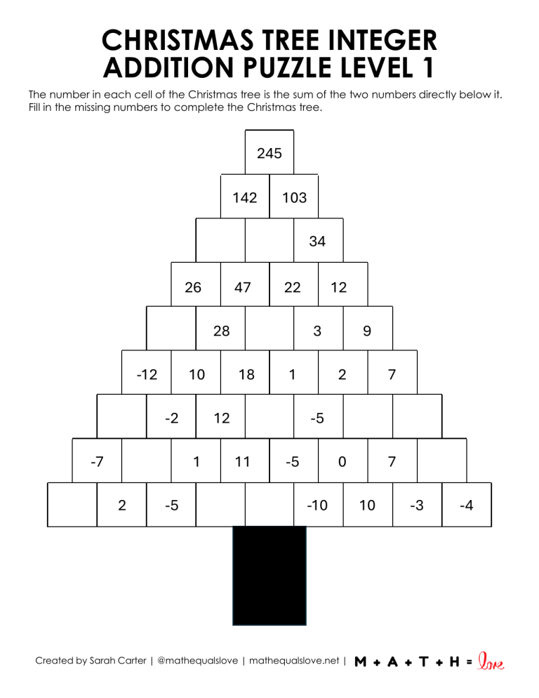 Christmas Tree Integer Addition Puzzle Worksheet