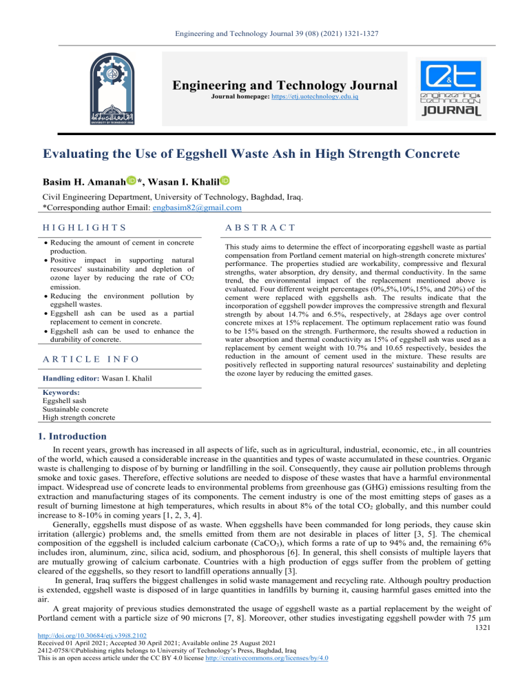 Eggshell Ash in High Strength Concrete: A Sustainable Solution