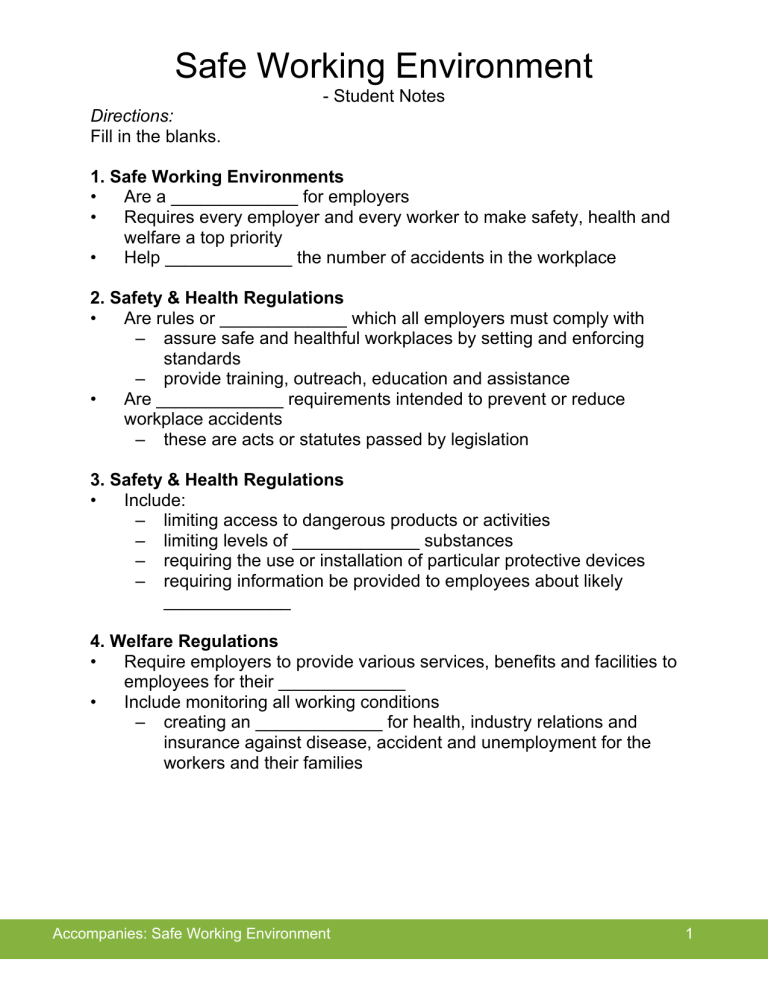 Safe Working Environment: Student Notes on OSHA & Workplace Safety