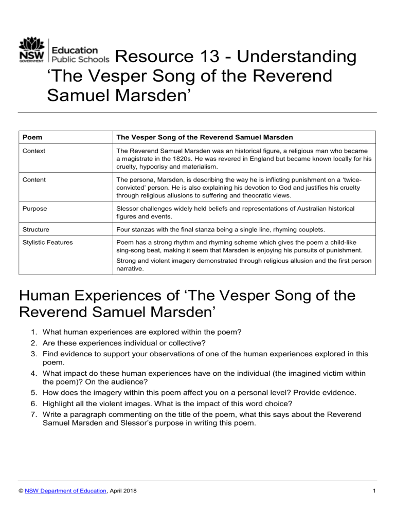 Understanding 'The Vesper Song of Samuel Marsden' - Literary Analysis
