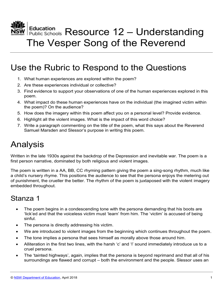 "The Vesper Song" Analysis Worksheet
