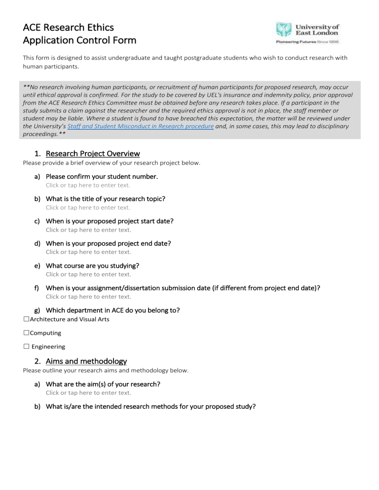 ACE Research Ethics Application Form for UEL Students