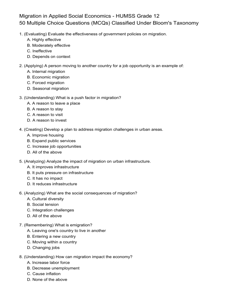 Migration MCQs: Social Economics - HUMSS Grade 12