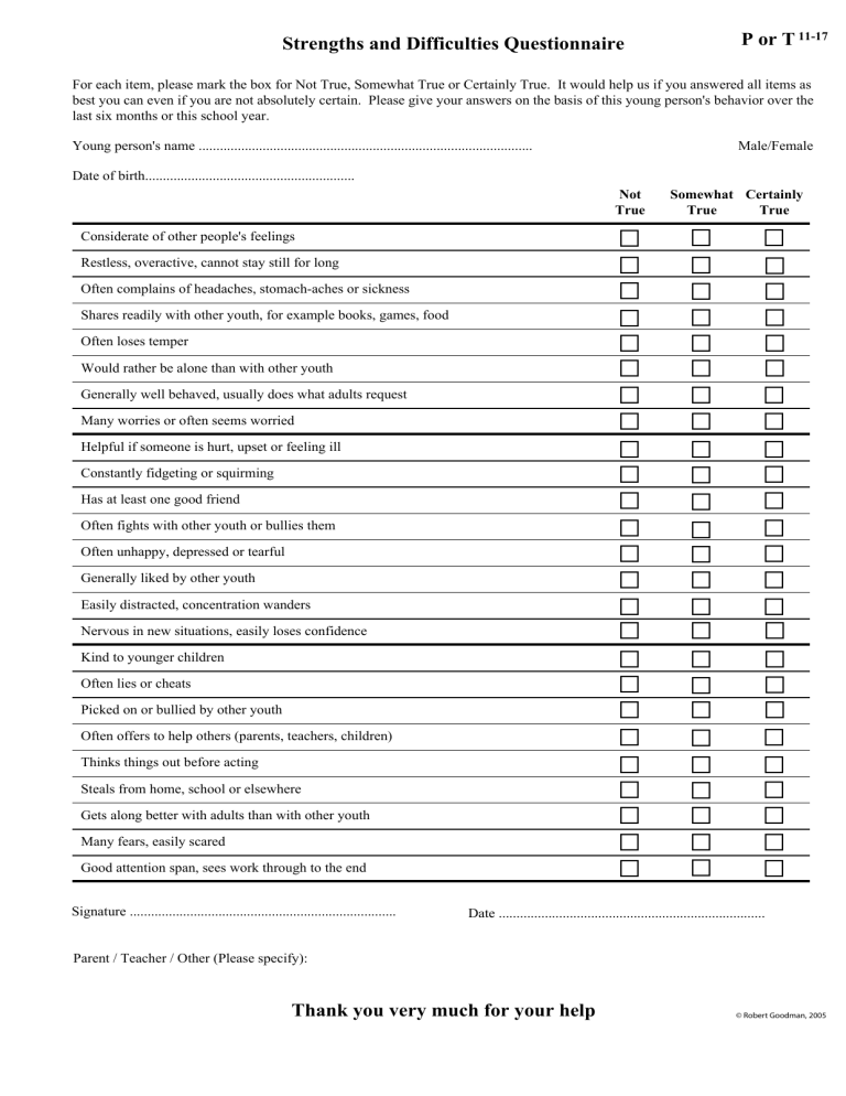Strengths and Difficulties Questionnaire (SDQ) for Youth 11-17