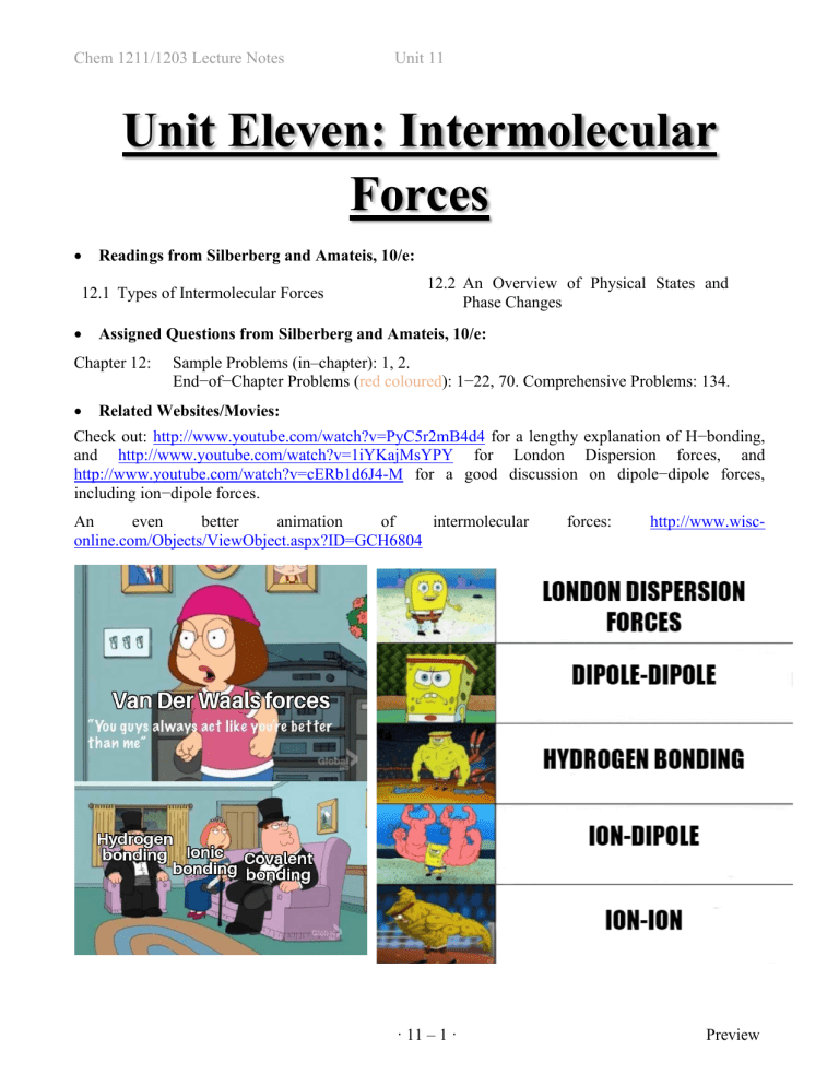 Chemistry Lecture Notes: Unit 11 - Intermolecular Forces (IMF)
