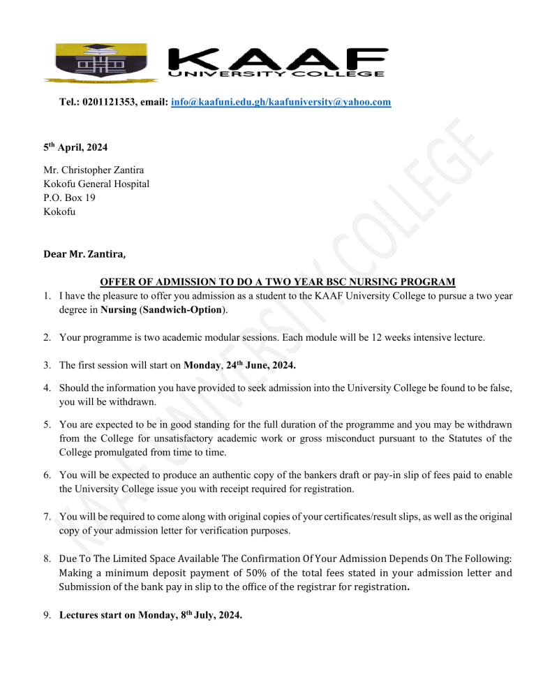 KAAF University College BSc Nursing Admission Offer Letter 2024
